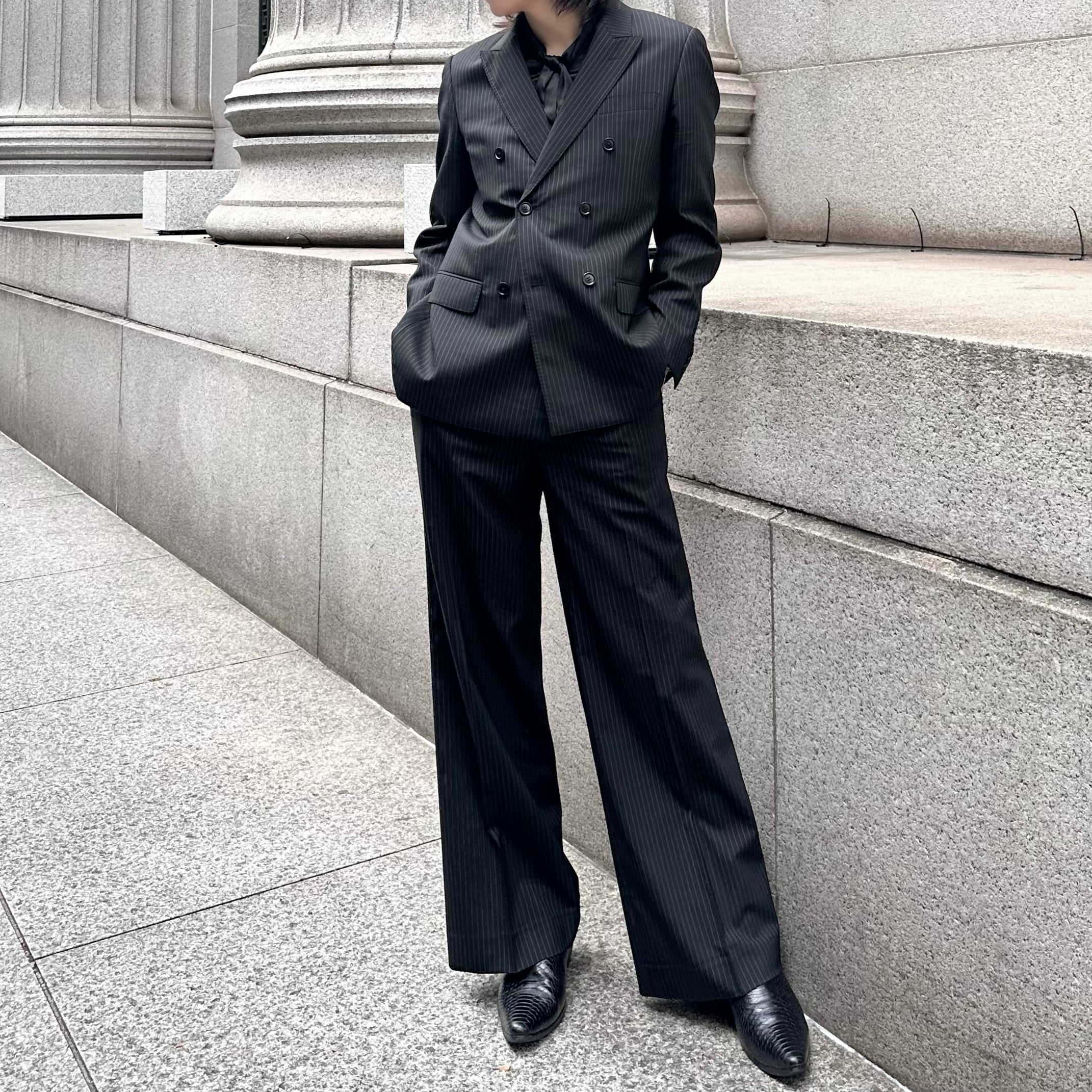 "Striped Wool Wide Flare Slacks" – PANERO